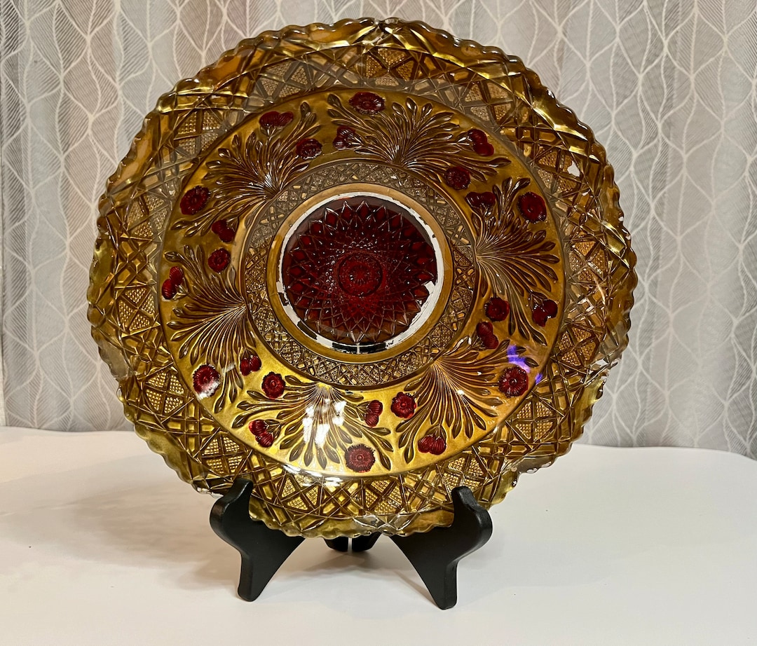 Antique Goofus Glass Bowl, Red and Gold Carnations Bowl, Collectable ...