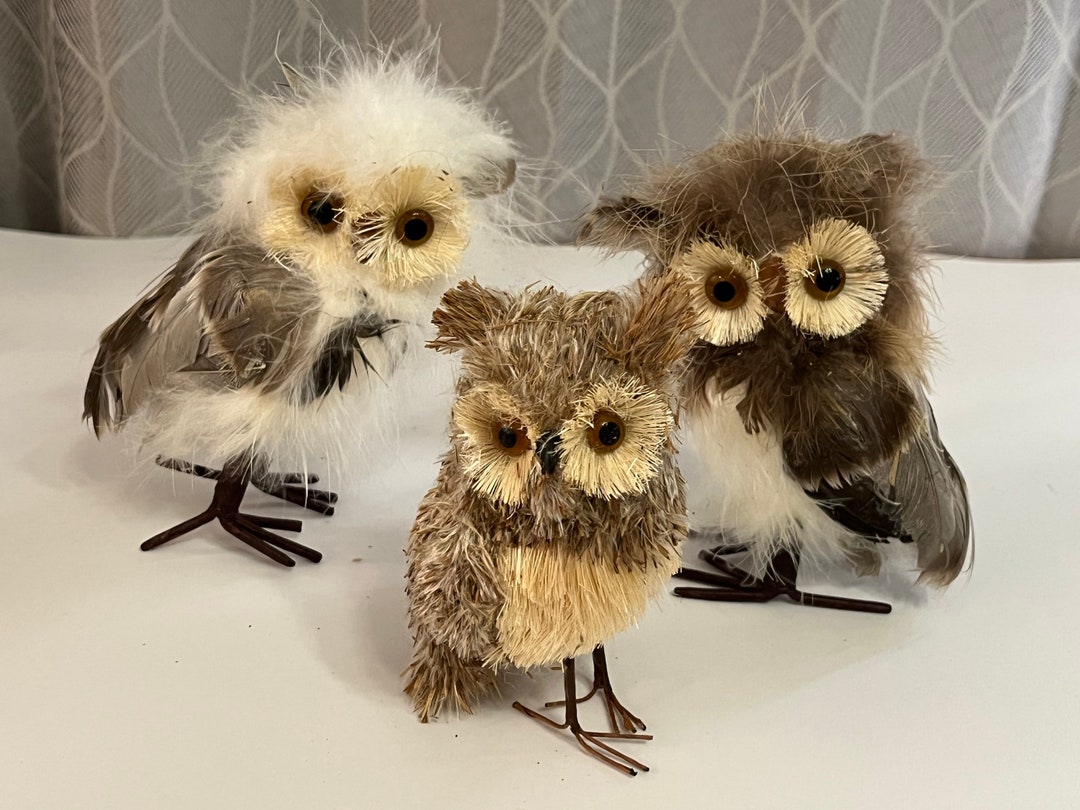 Vintage Owl Collection, Set of 3 Owls Fluffy Owls, White Owl, Brown Owl ...