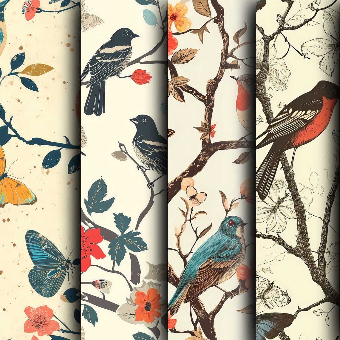 12 Seamless Antique Birds Butterflies Digital Paper, Printable Floral ...