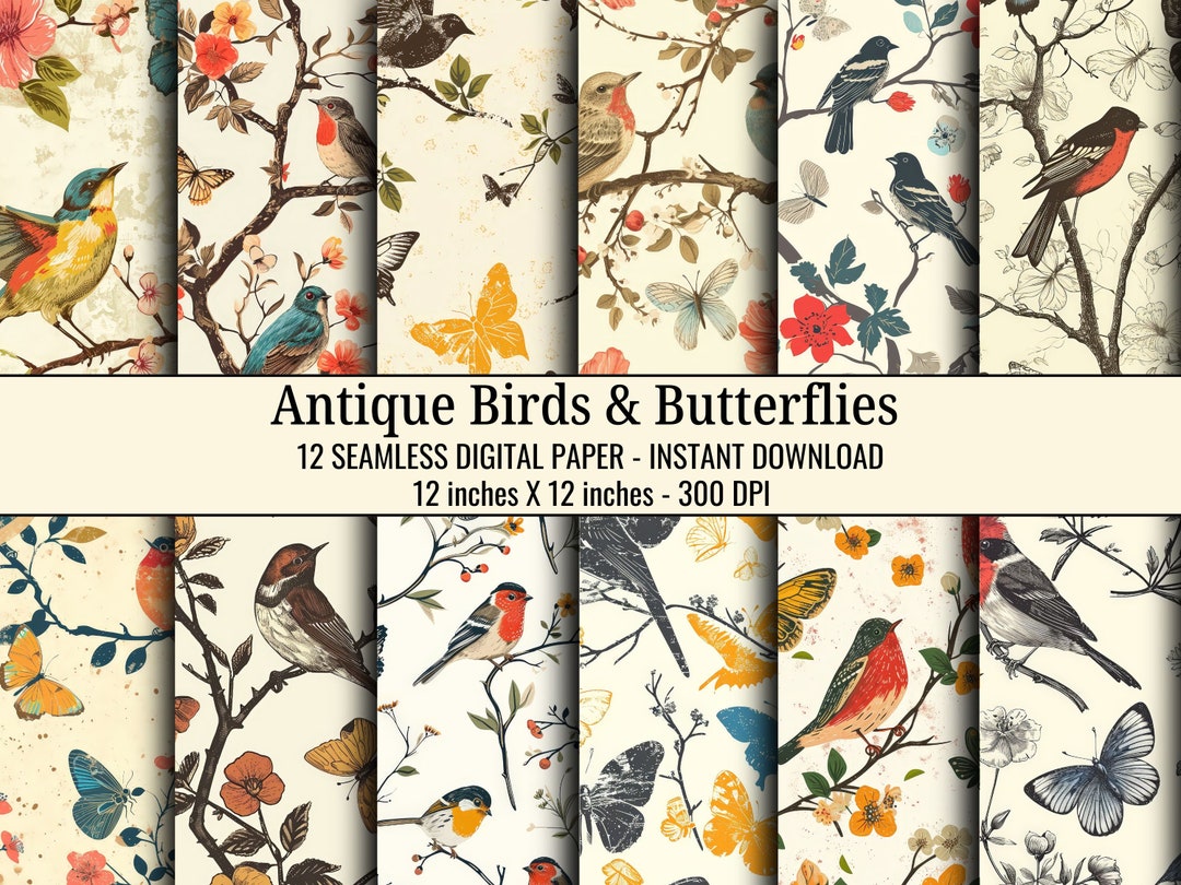 12 Seamless Antique Birds Butterflies Digital Paper, Printable Floral ...