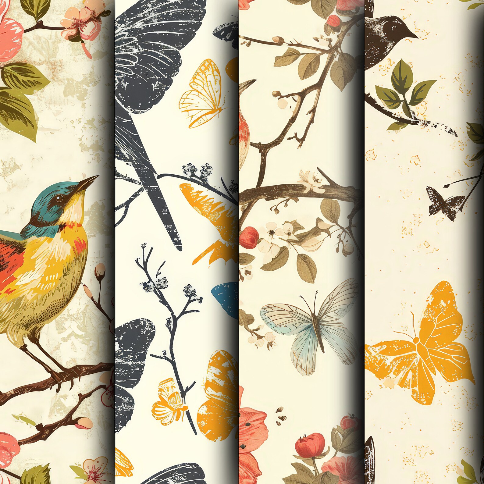 12 Seamless Antique Birds Butterflies Digital Paper, Printable Floral ...