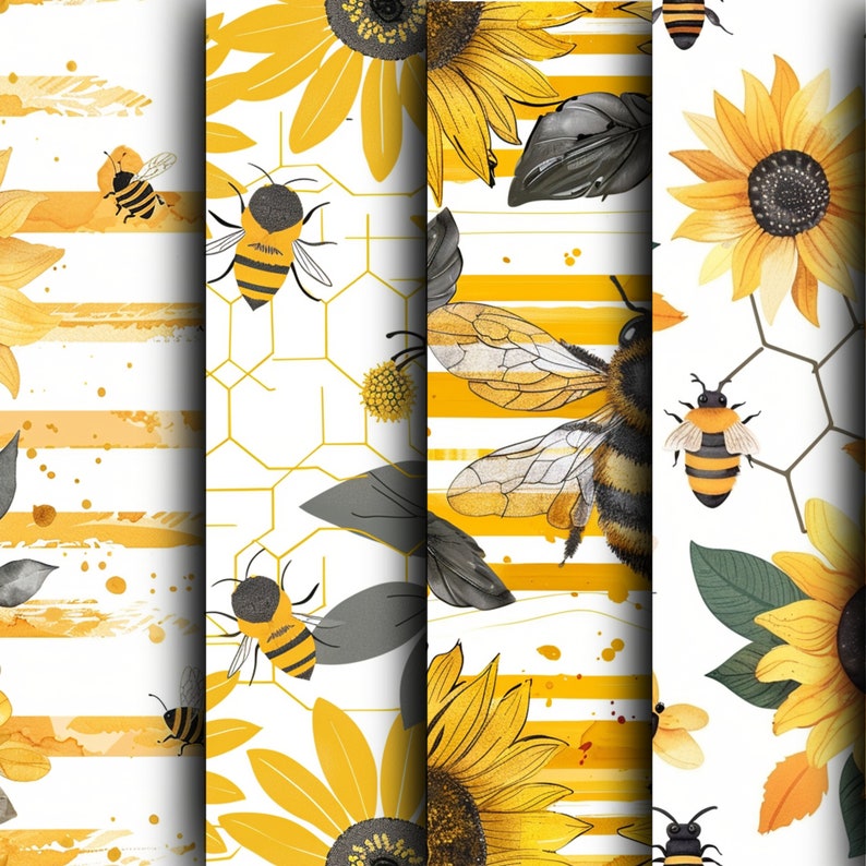 12 Seamless Sunflower Honey Bee Digital Paper, Printable Gold Honey Bee ...