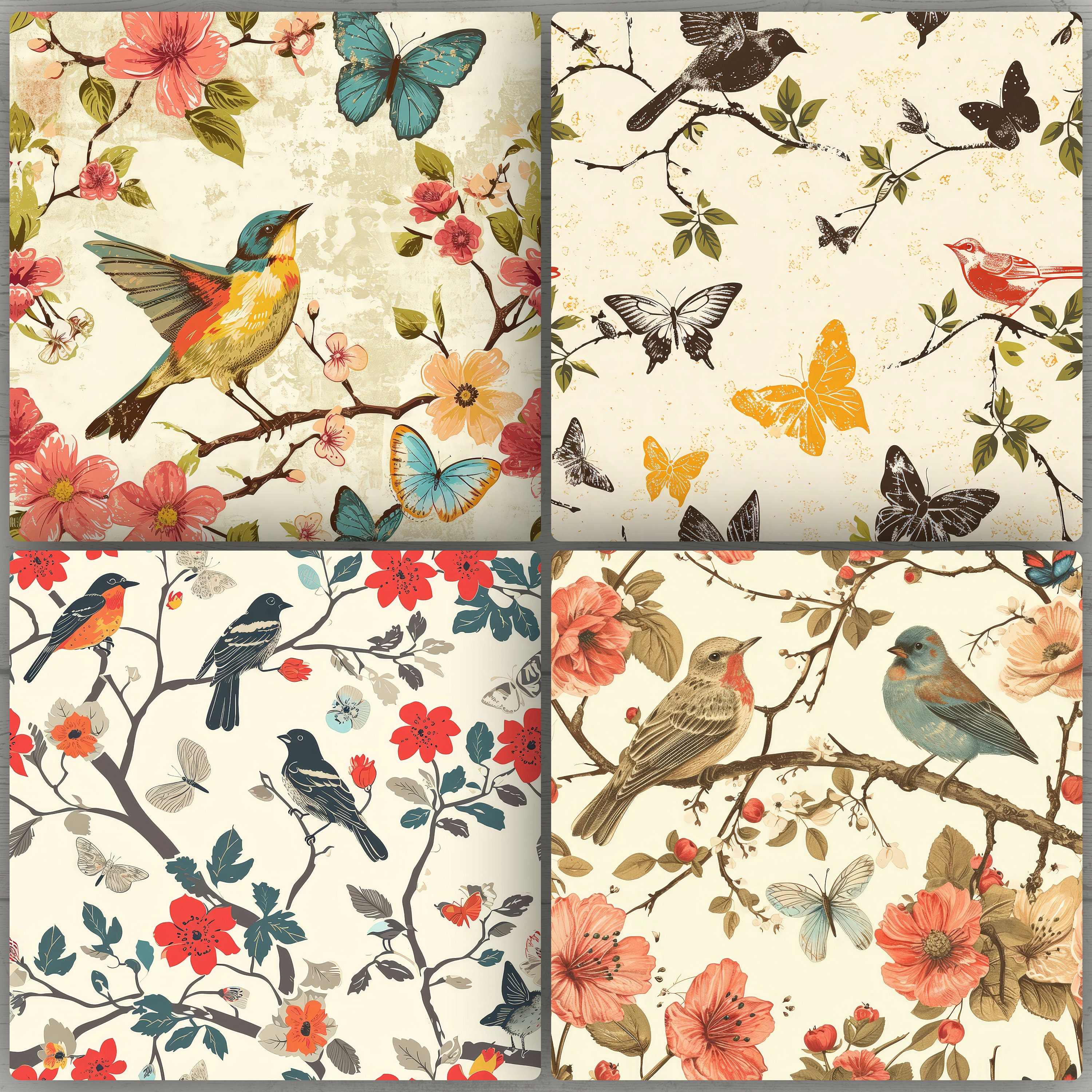 12 Seamless Antique Birds Butterflies Digital Paper, Printable Floral ...