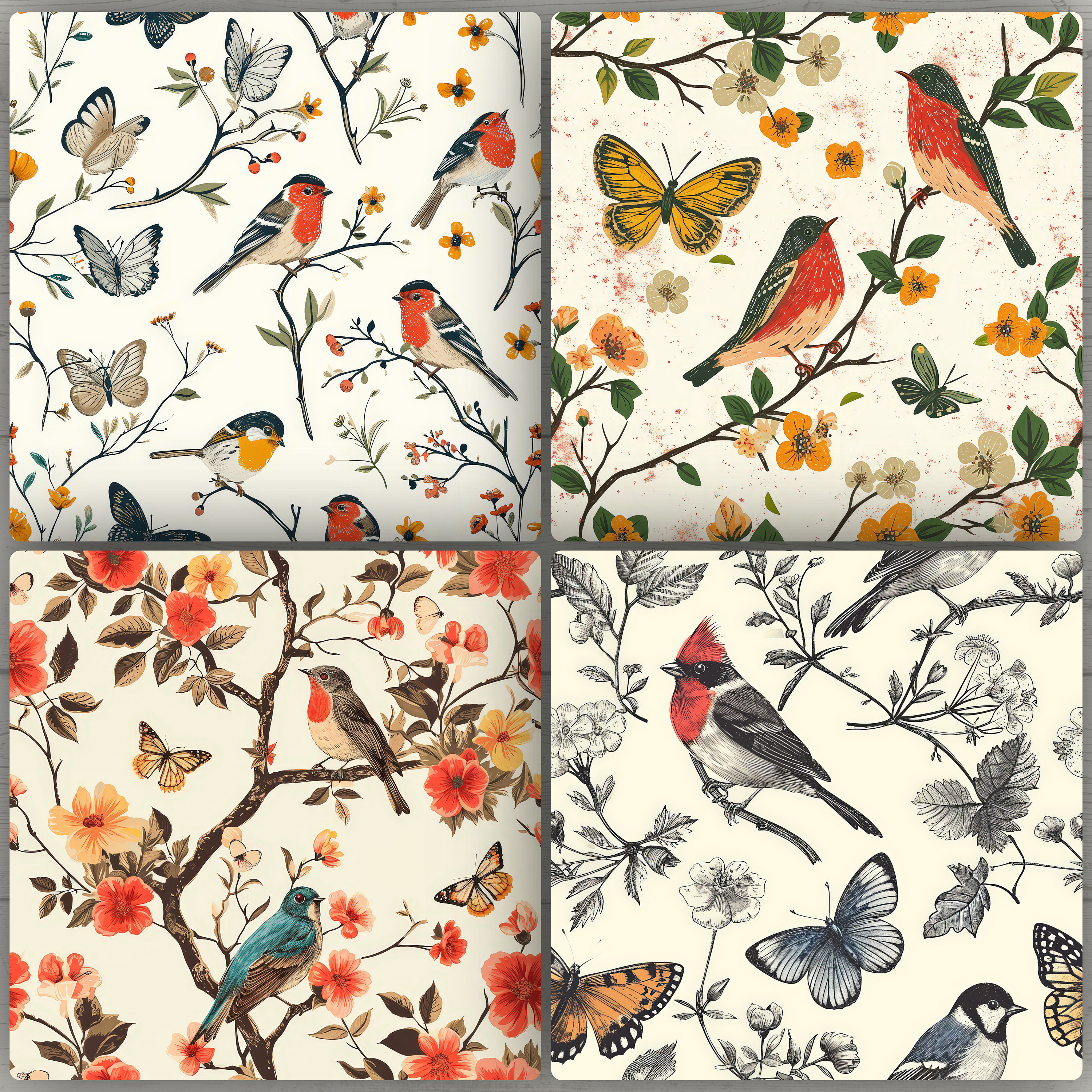 12 Seamless Antique Birds Butterflies Digital Paper, Printable Floral ...