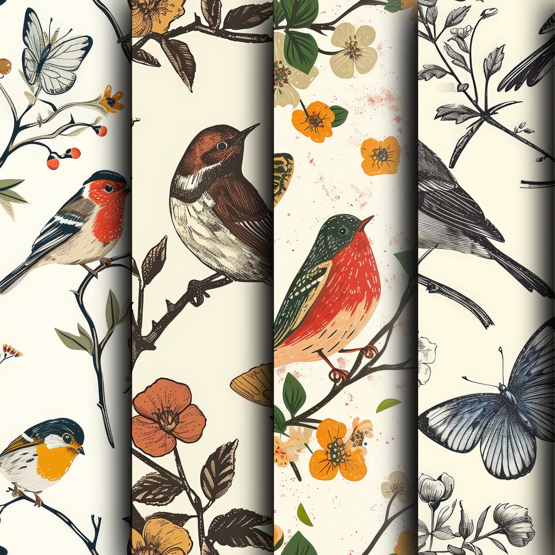 12 Seamless Antique Birds Butterflies Digital Paper, Printable Floral ...