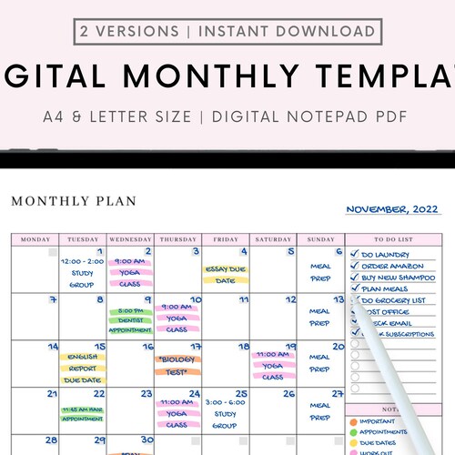 Digital Calendar Monthly Planner Goodnotes Template Undated - Etsy