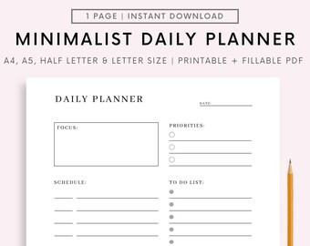 Minimalist Daily Planner Printable, Daily to Do List for Work/home ...