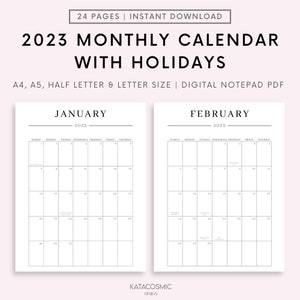 Minimalist 2023 Printable Calendar With Holidays, Vertical Simple ...