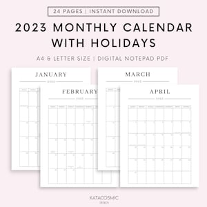Minimalist 2023 Printable Calendar With Holidays, Simple Calendar ...