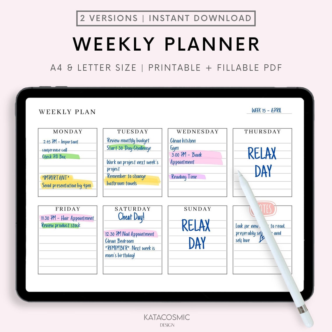 Weekly Planner Printable Landscape, Minimalist Weekly Schedule, Week at ...