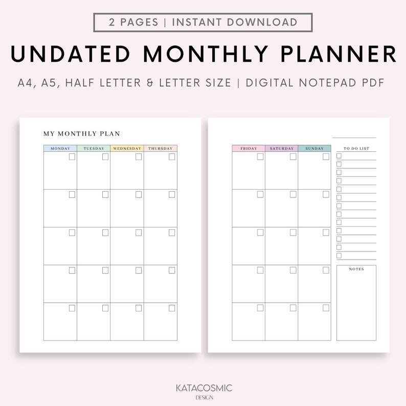 Undated Monthly Planner Printable Month on Two Pages Month - Etsy