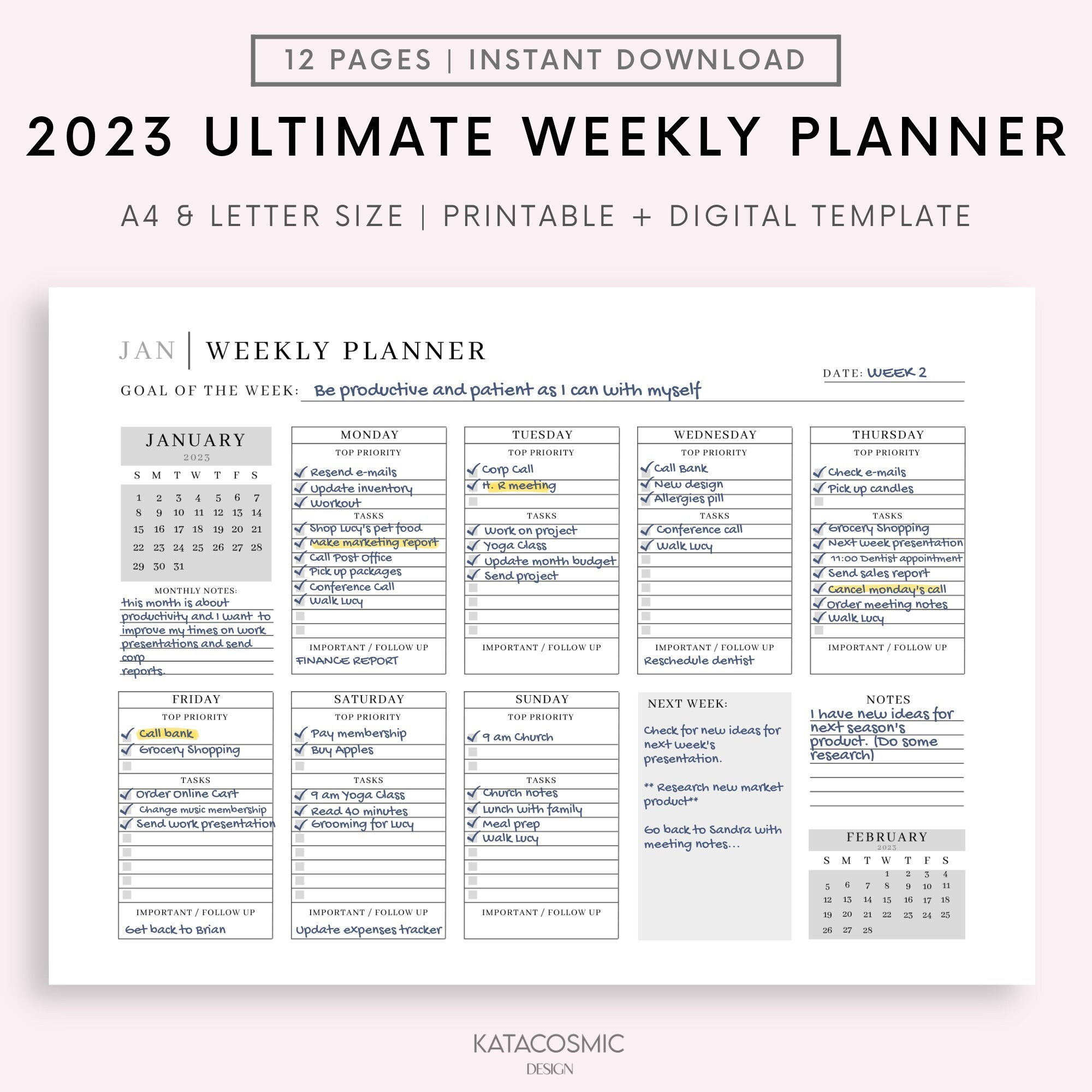 2023 Weekly Planner Printable Landscape, Minimalist Weekly Schedule ...