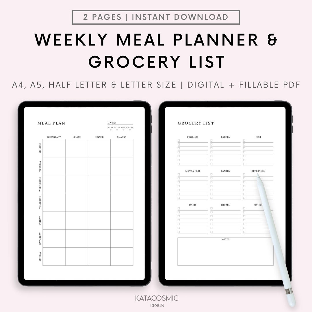 Editable Weekly Meal Planner, Grocery List | Printable, Digital | Meal ...