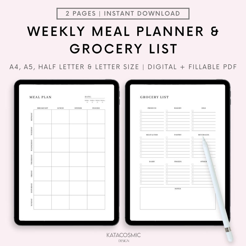 Editable Weekly Meal Planner Grocery List Printable | Etsy