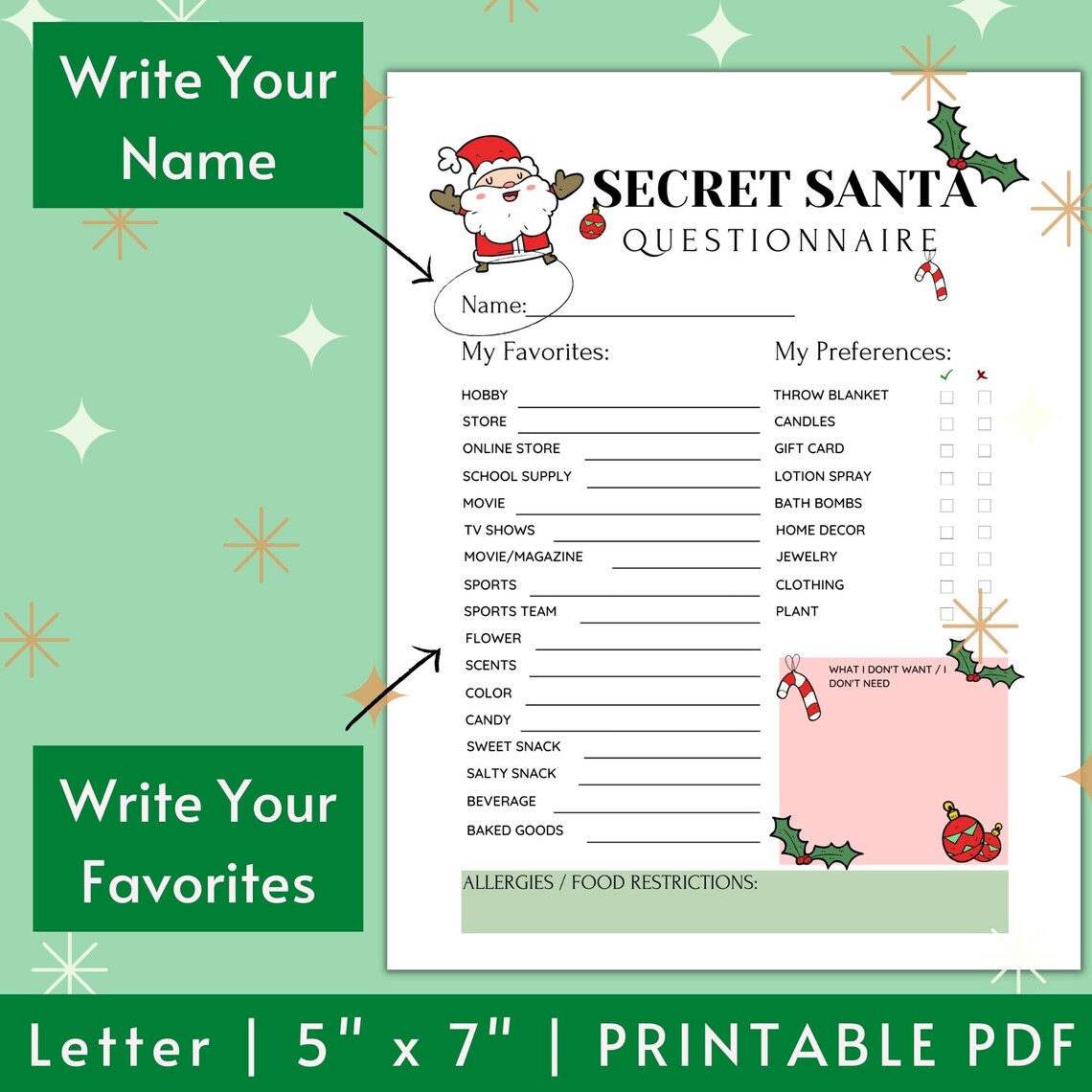 Printable Secret Santa Questionnaire for Christmas Gift Exchange ...