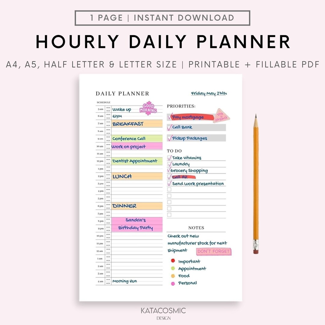 Hourly Daily Planner, Daily to Do List, Daily Spreadsheet, Daily ...