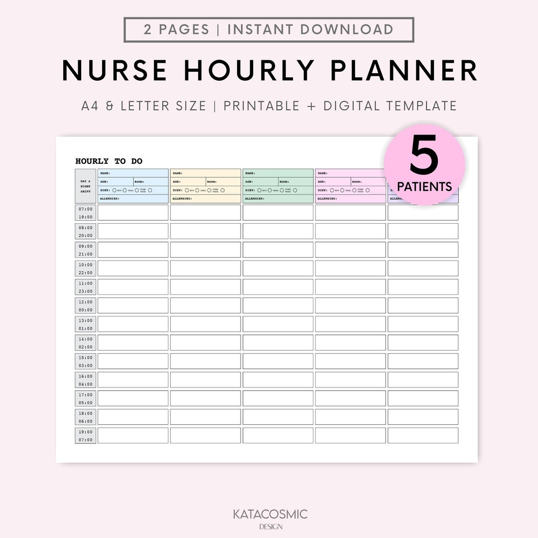 Nurse Hourly to Do, Nurse Shift Planner, 5 Patient Medication, Med Surg ...