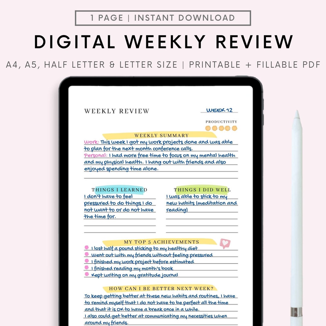 Digital Weekly Review, Weekly Reflection, Weekly Evaluation, Weekly ...