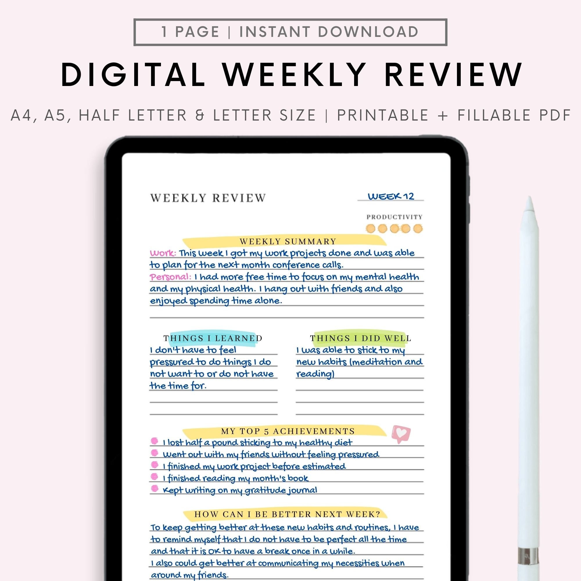 Digital Weekly Review Weekly Reflection Weekly Evaluation - Etsy