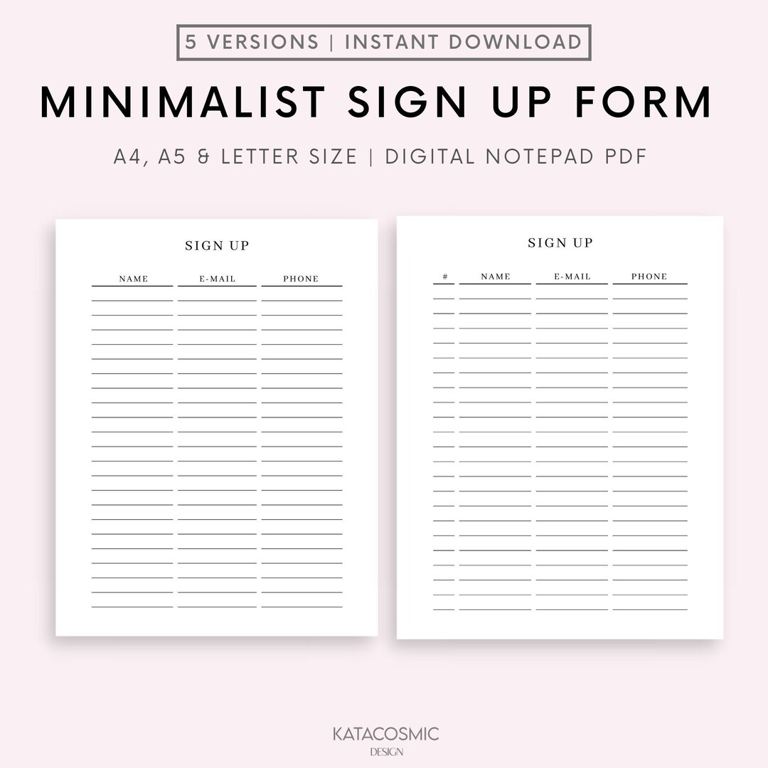 Minimalist Sign up Sheet, 3 Email Sign up Forms, PRINTABLE Sign Up ...