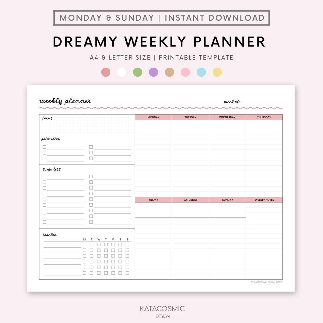 Dreamy Weekly Planner Printable Landscape, Minimalist Weekly Schedule ...