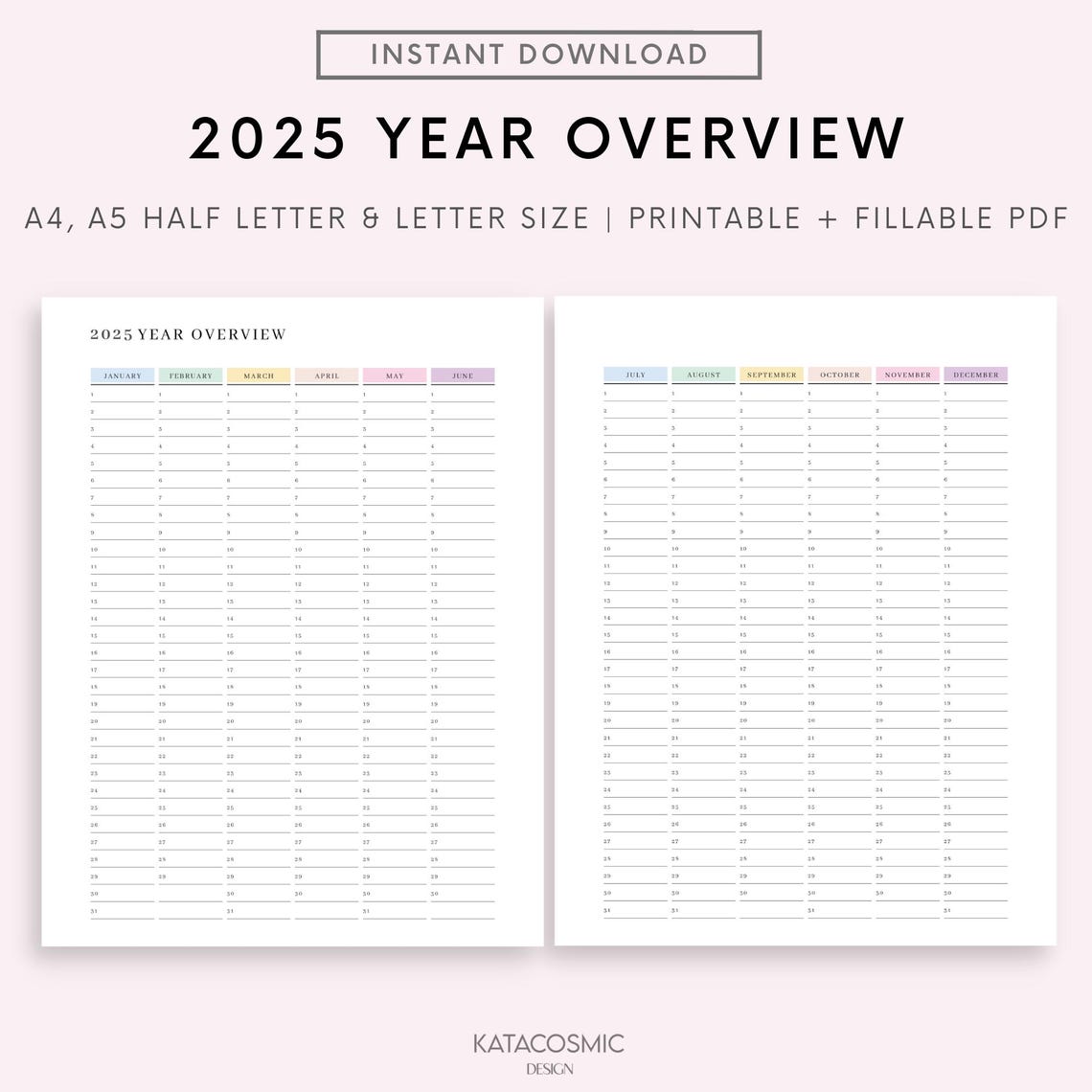 2025 Year at a Glance, Two Page Yearly Planner Printable, 12 Month ...