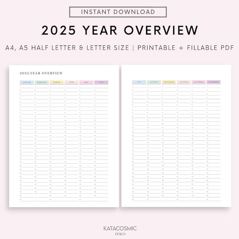 2025 Year at a Glance, Two Page Yearly Planner Printable, 12 Month ...