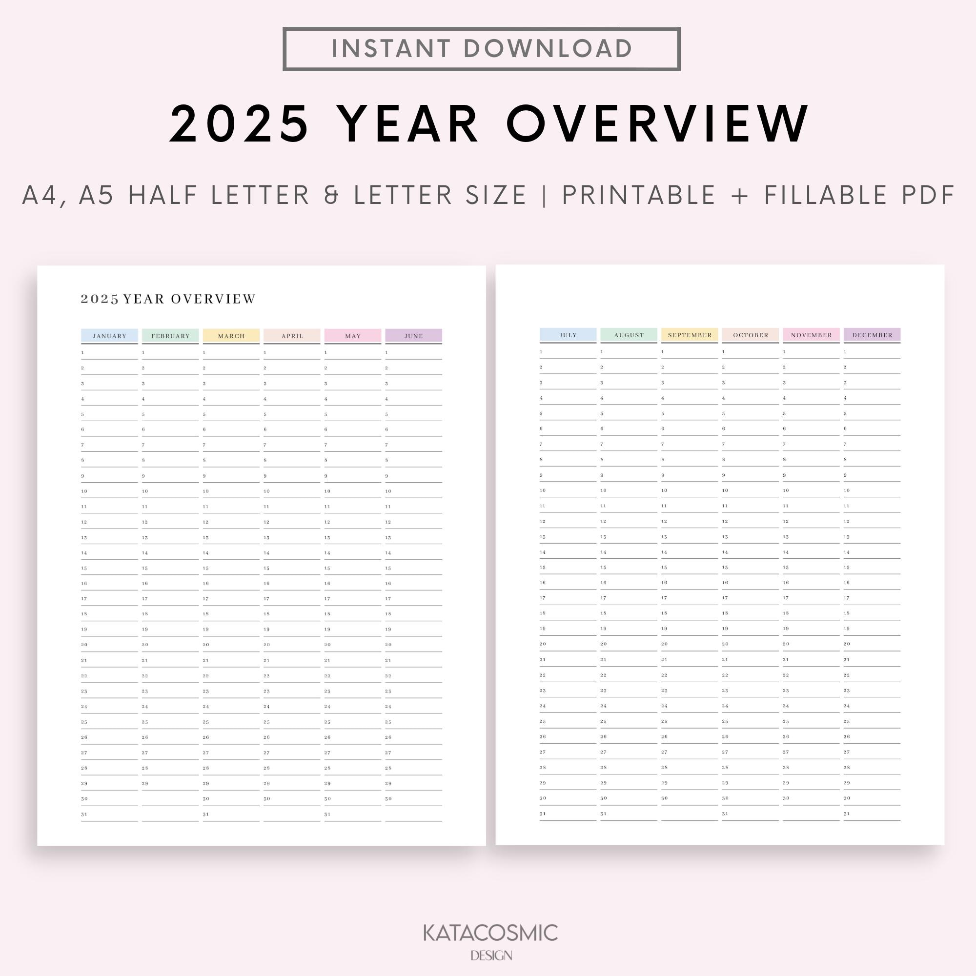 2025 Year at a Glance, Two Page Yearly Planner Printable, 12 Month ...