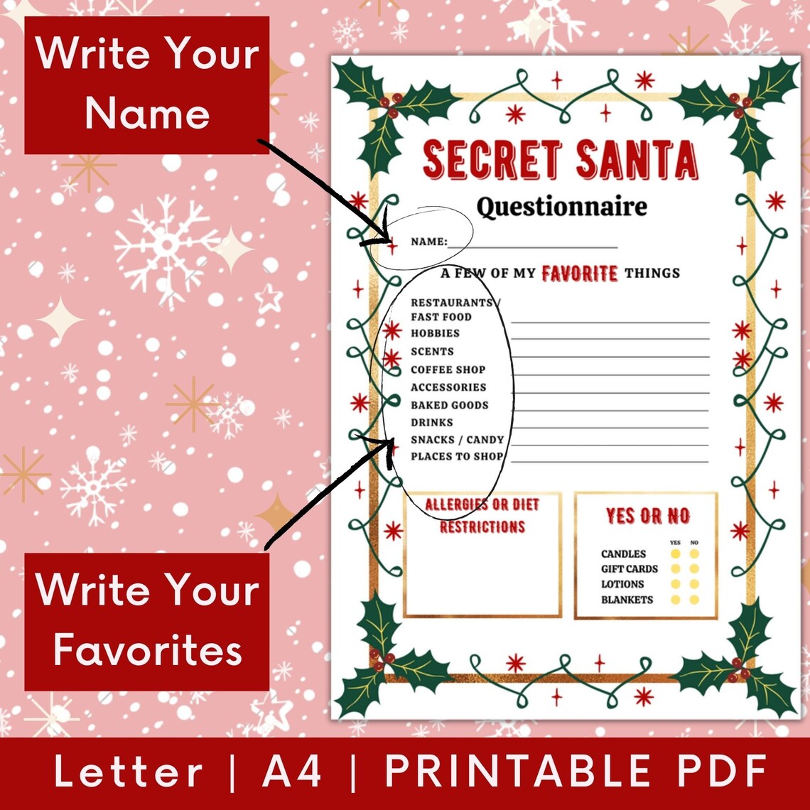 Printable Secret Santa Questionnaire for Christmas Gift Exchange ...