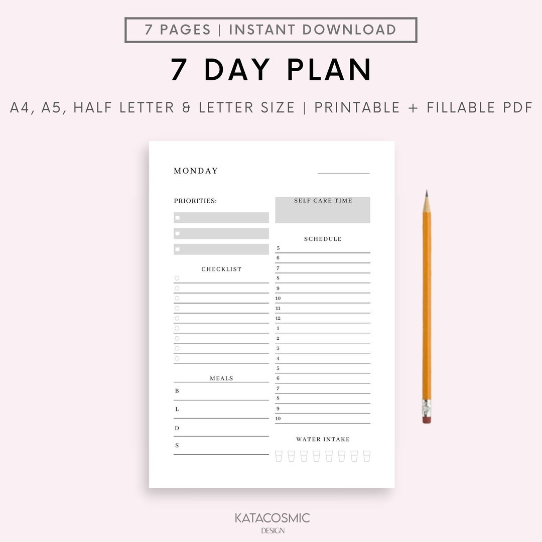 7 Day Planner Printable, Weekly Planner, Daily to Do List for Work ...
