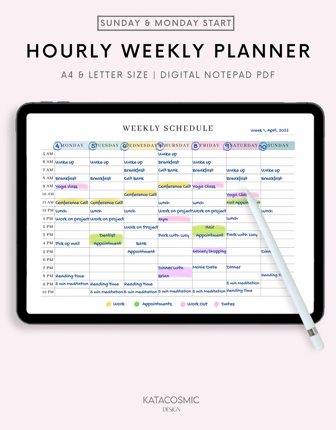 Hourly Weekly Schedule Landscape, Weekly Planner Printable, Week at a ...