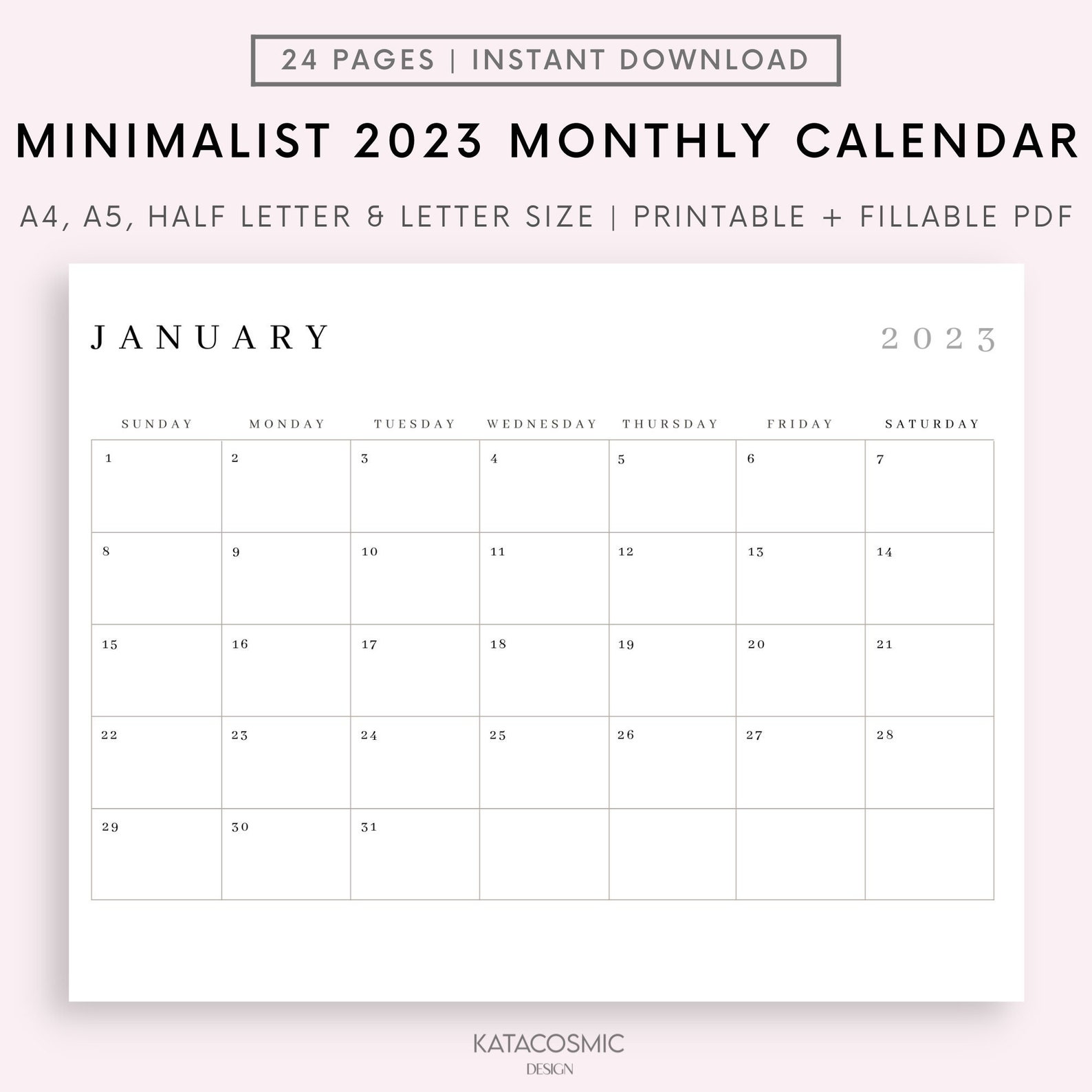 2023 Calendar Printable Digital Monthly Planner Minimalist - Etsy
