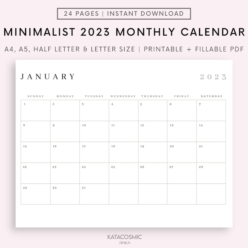 2023 Calendar Printable, Digital Monthly Planner, Minimalist Calendar ...