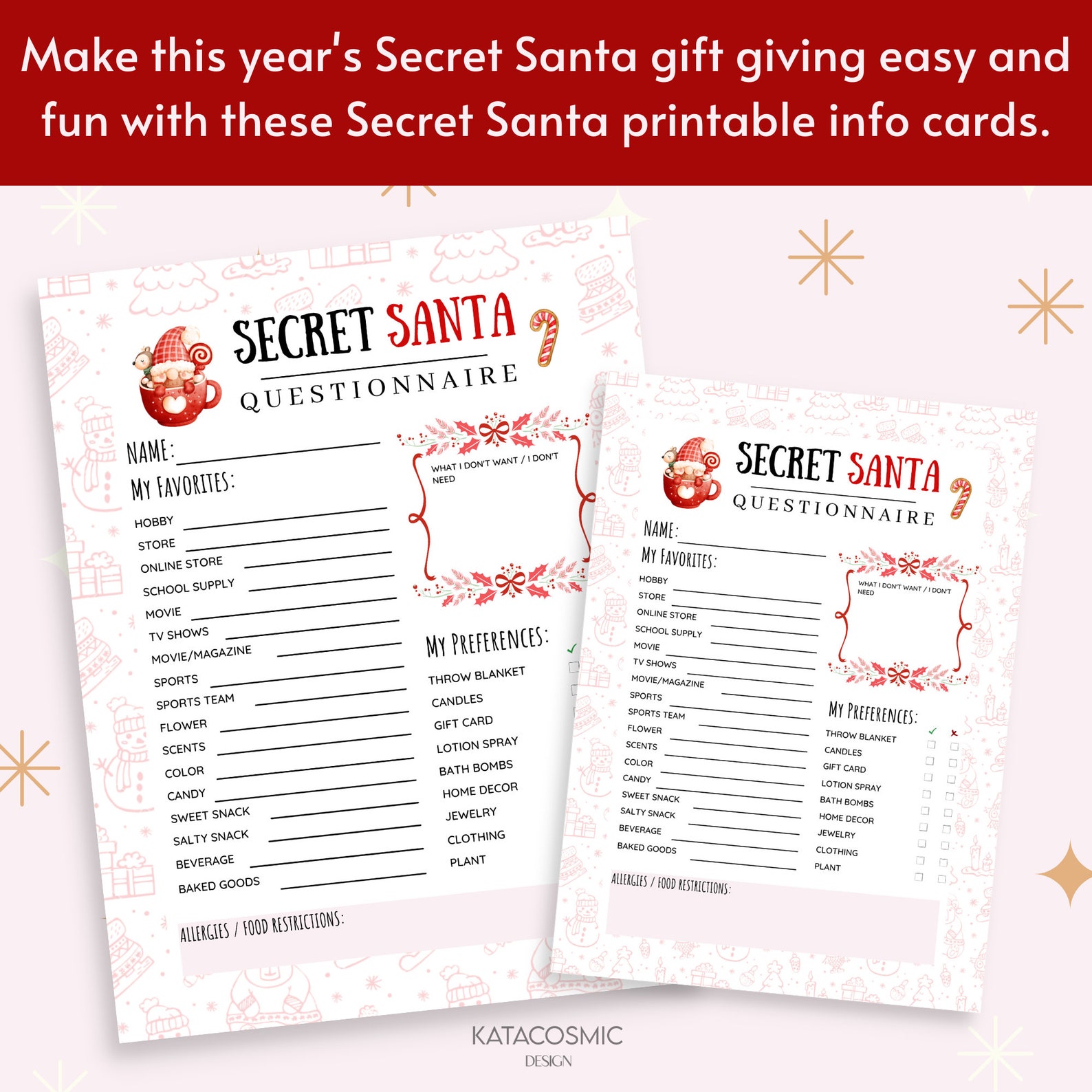 Secret Santa Questionnaire Printable for Work, Secret Santa Party ...