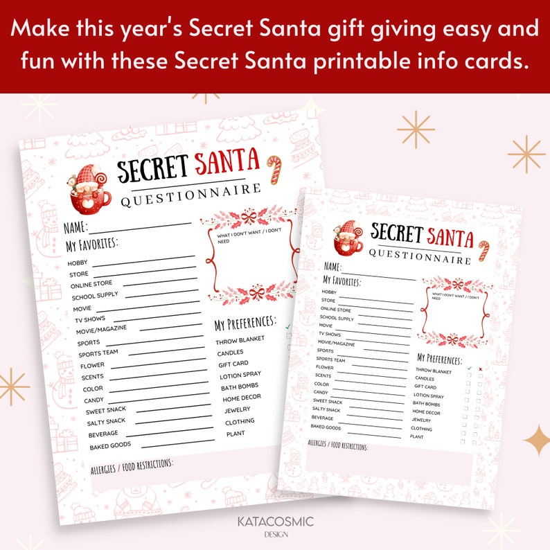 Secret Santa Questionnaire Printable for Work Secret Santa - Etsy