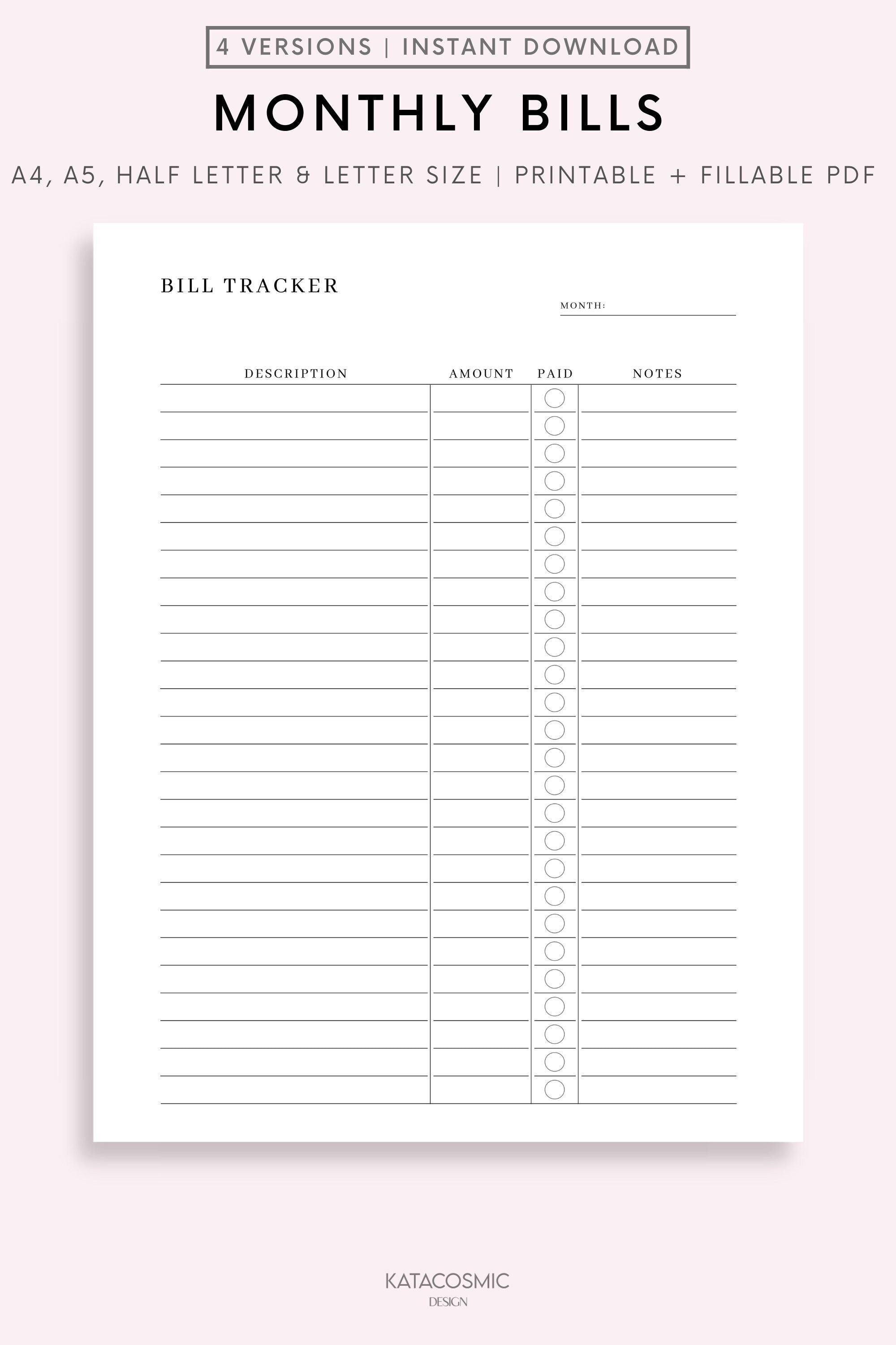 Monthly Bill Tracker Printable, Bill Payment Checklist, Bill Organizer ...