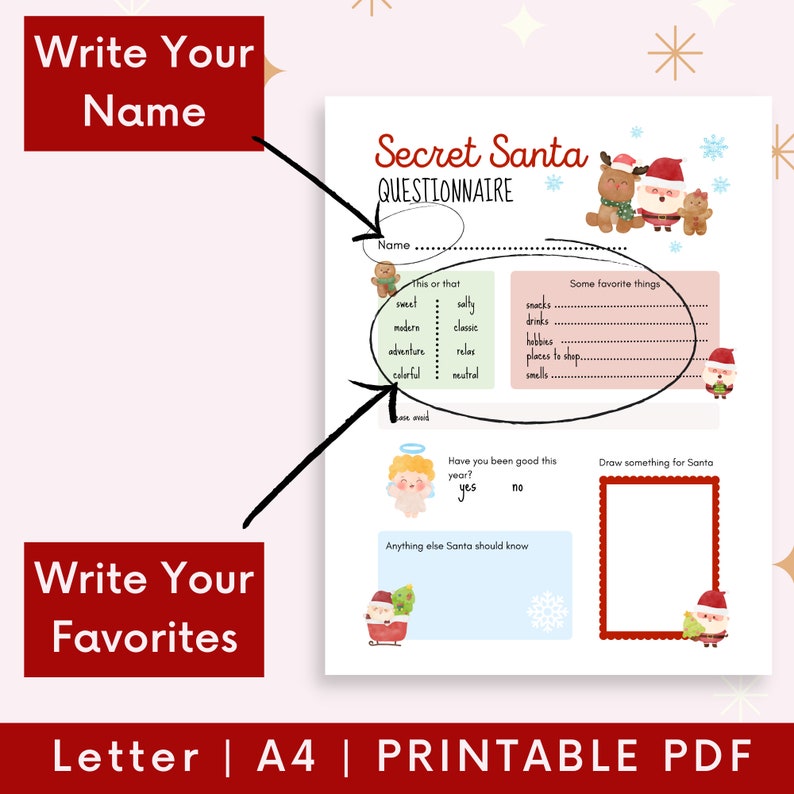 Printable Secret Santa Gift Exchange Questionnaire for Christmas and ...