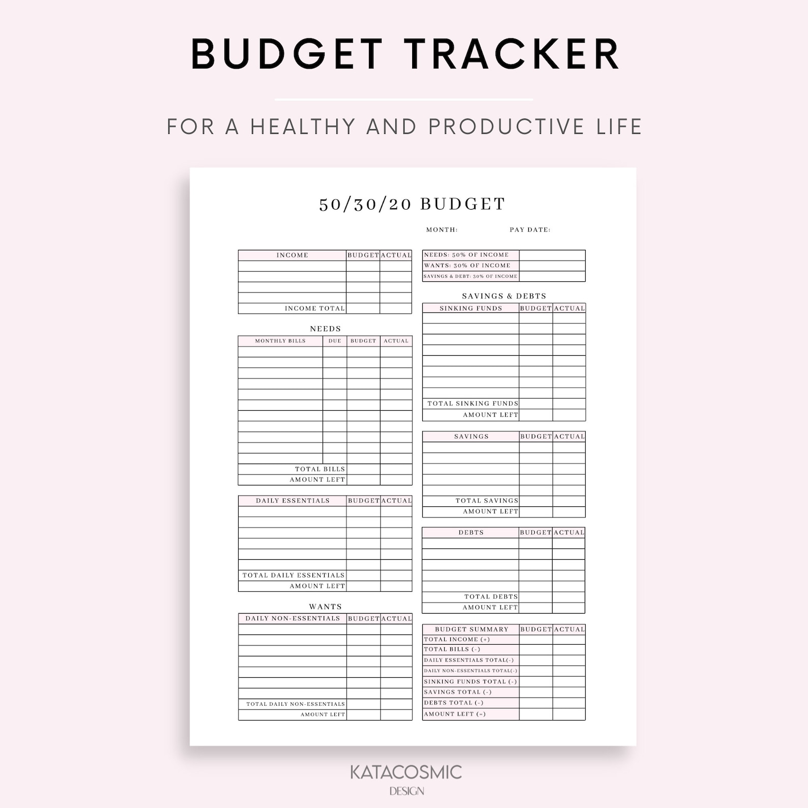 50/30/20 Budget Planner Template | Monthly Budget Sheet | Money ...