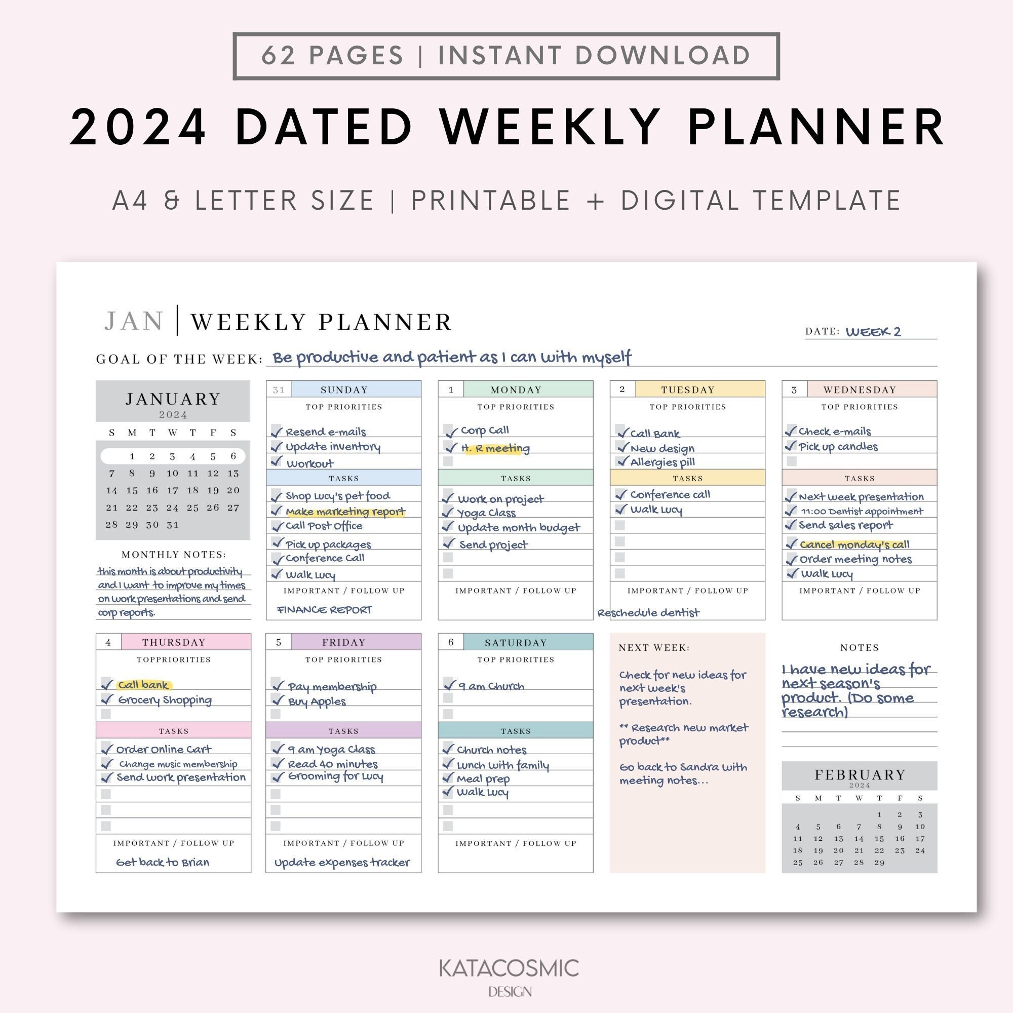 2024 Dated Weekly Planner Printable Landscape, Minimalist Weekly ...