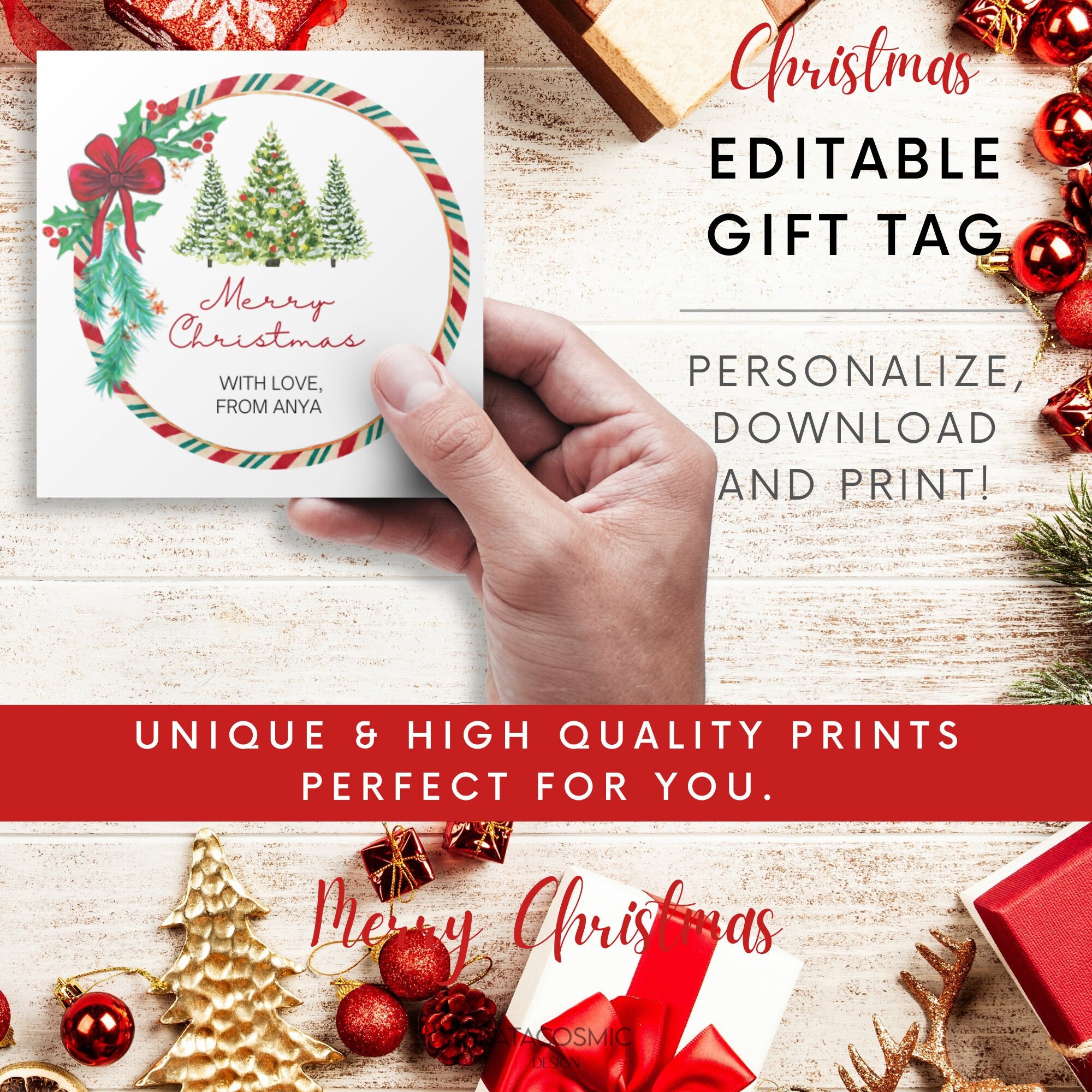 Merry Christmas Round Tag Template Boho Family Name Editable - Etsy