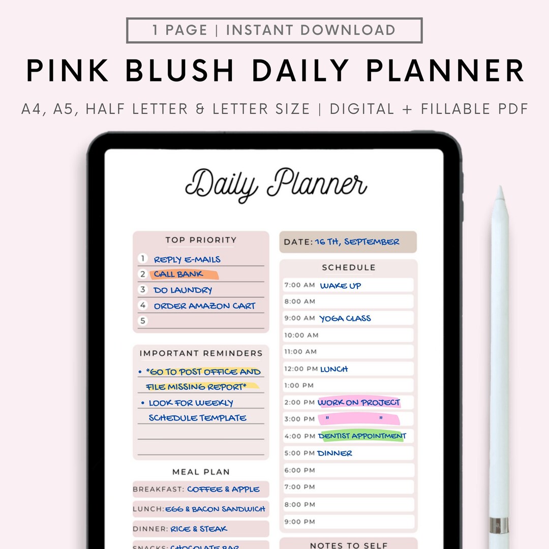 Digital Daily Planner for Goodnotes, Blush Pink, Half Hour Planner, 1 ...