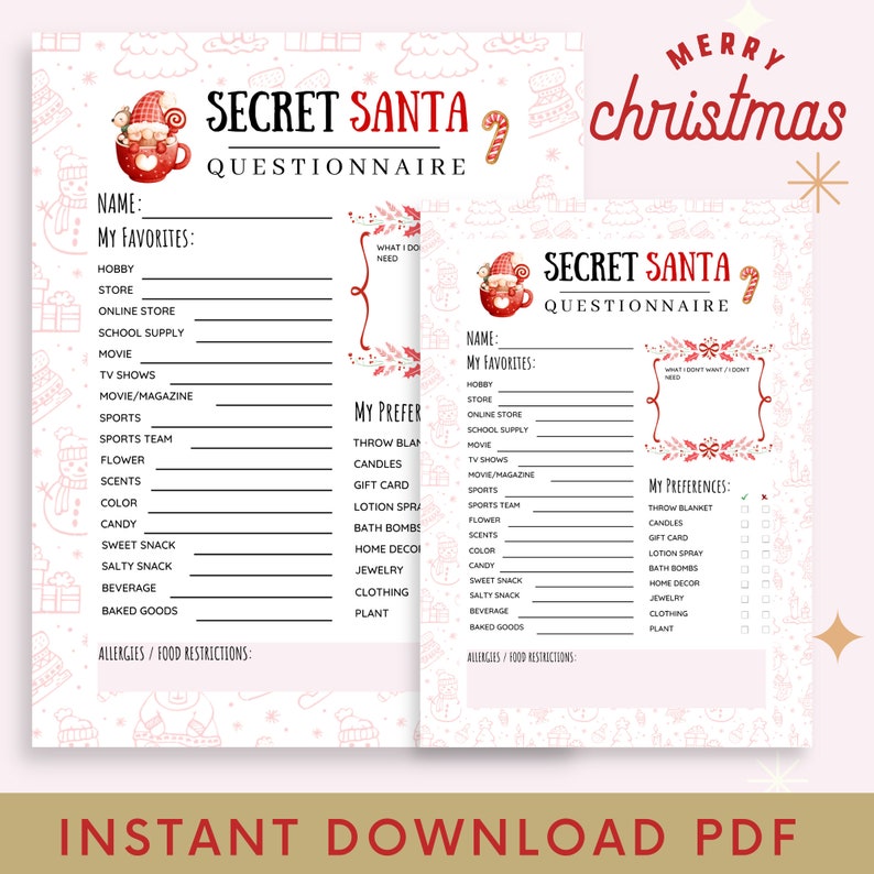Secret Santa Questionnaire Printable for Work Secret Santa - Etsy