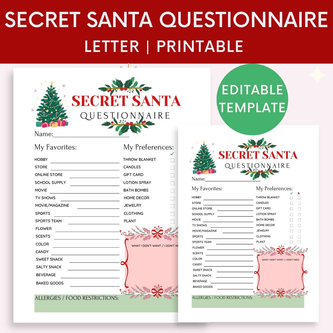 EDITABLE Secret Santa Questionnaire | Printable Questions for Secret ...