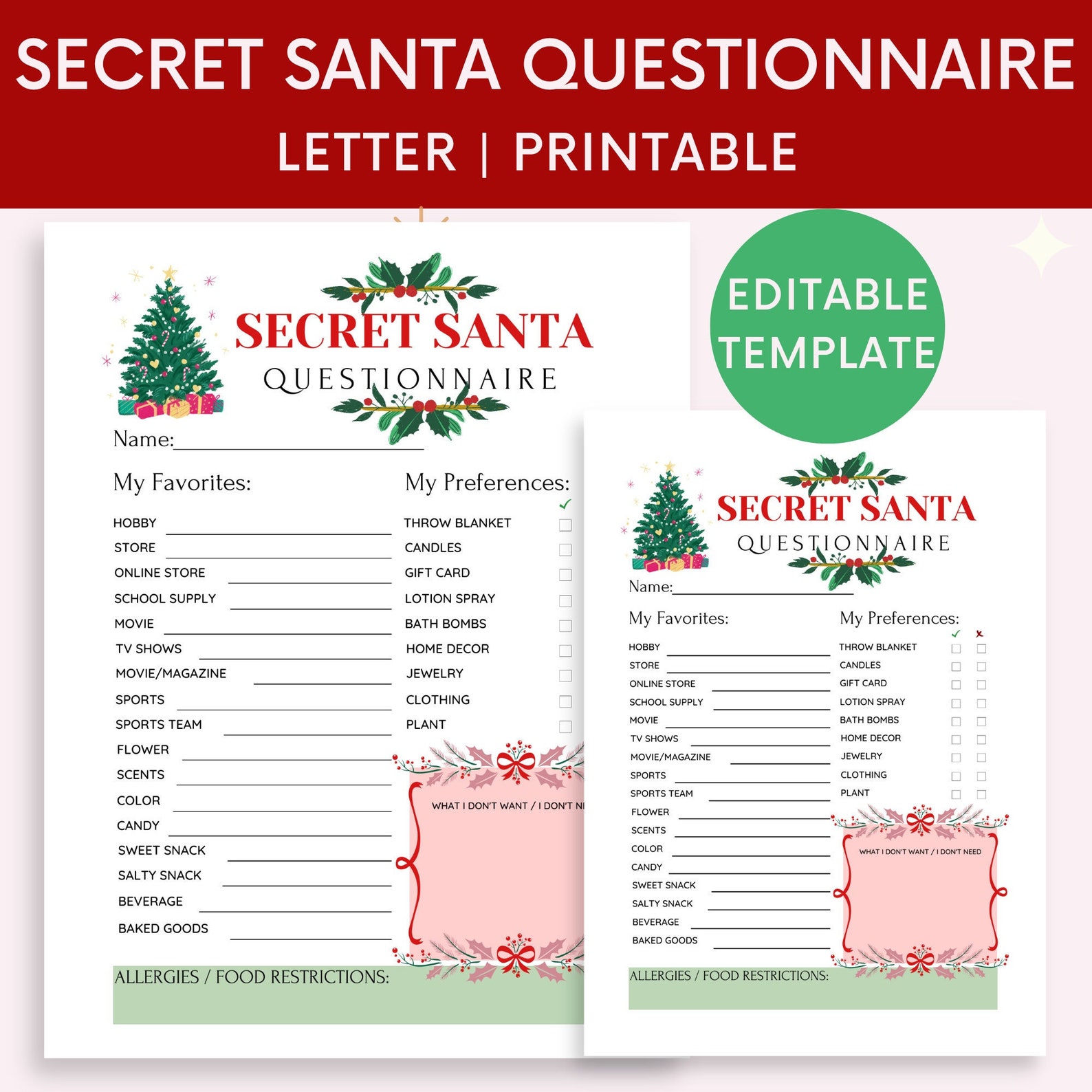 EDITABLE Secret Santa Questionnaire | Printable Questions for Secret ...