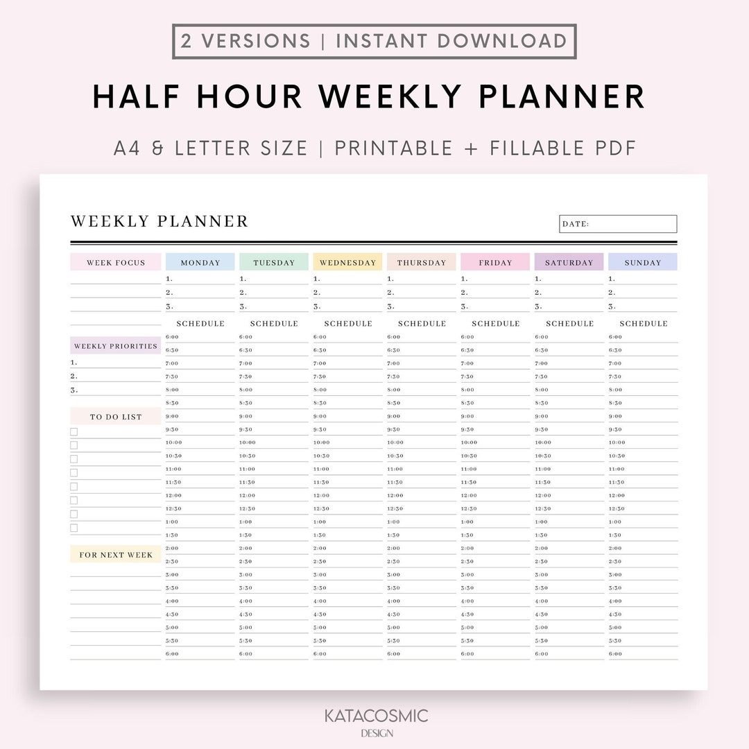 Half uur per weekplanner BEWERKBAAR weekschema, dagelijkse planner ...