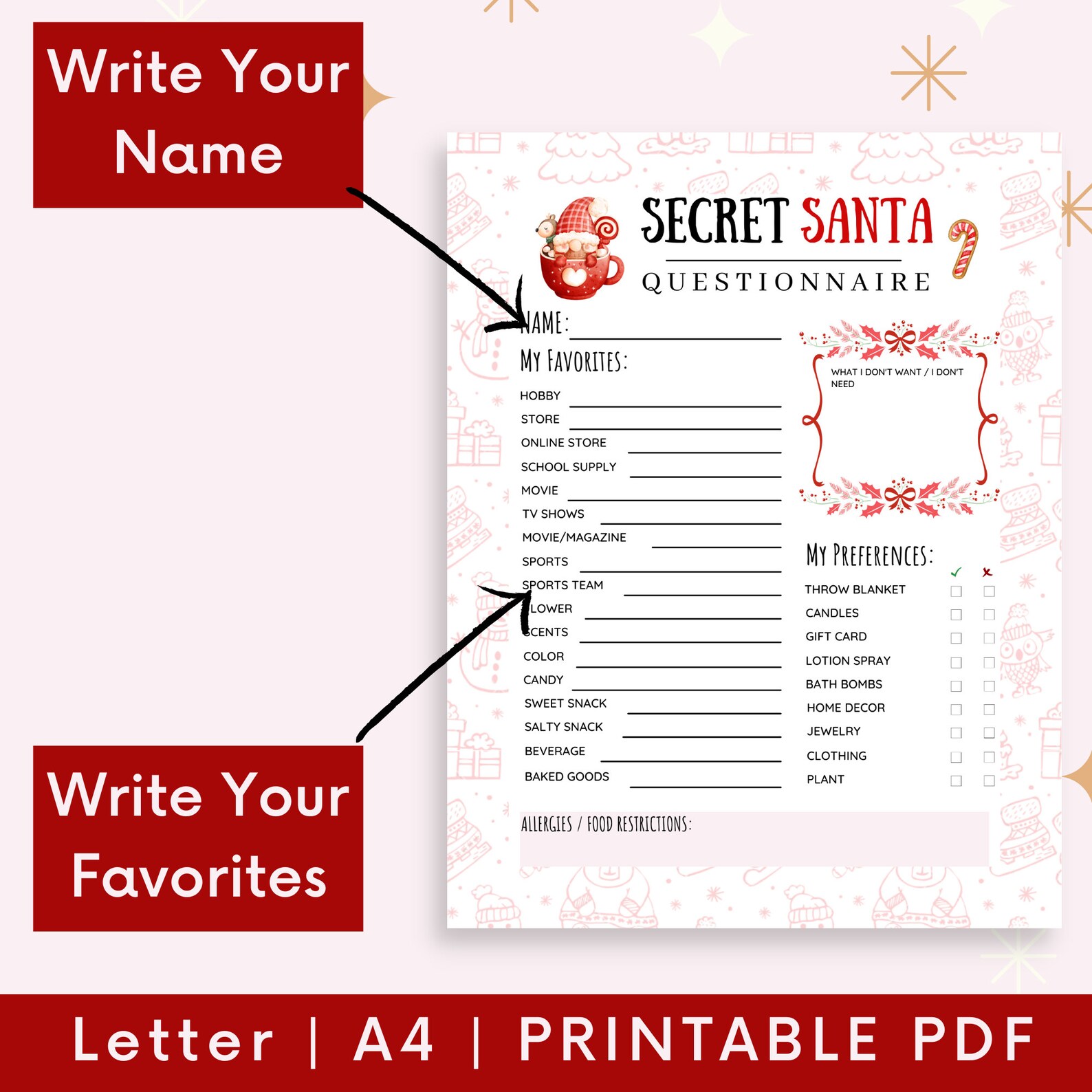 Secret Santa Questionnaire Printable for Work Secret Santa - Etsy