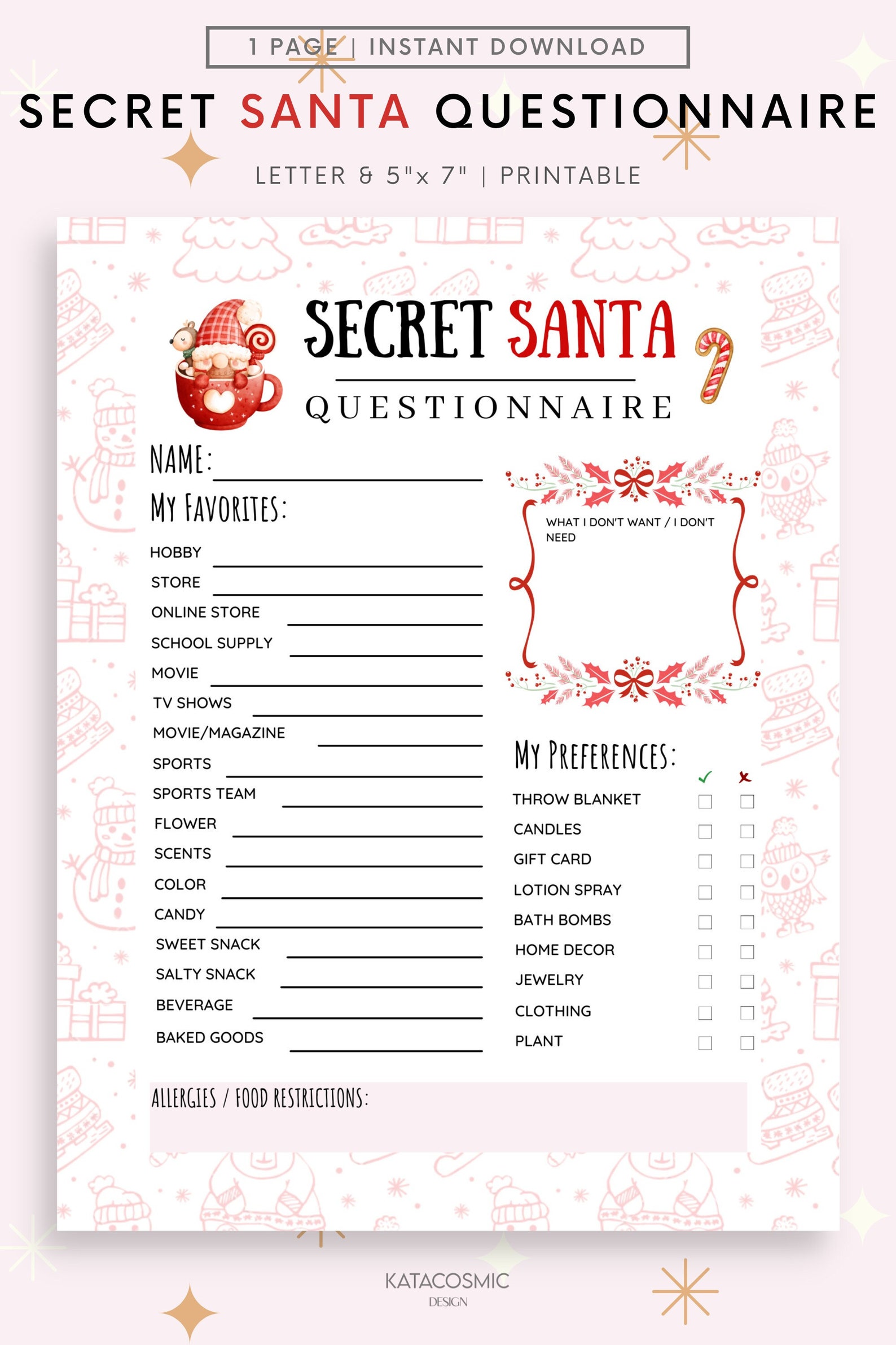 Secret Santa Questionnaire Printable for Work Secret Santa - Etsy