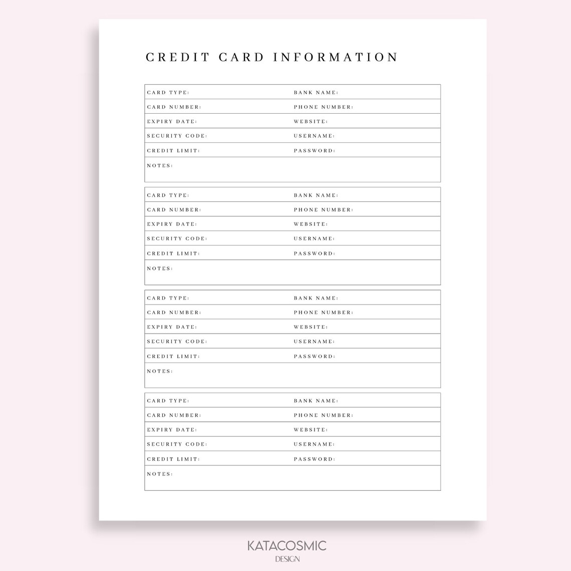 Credit Card Information Tracker Printable & Fillable, Credit Card ...