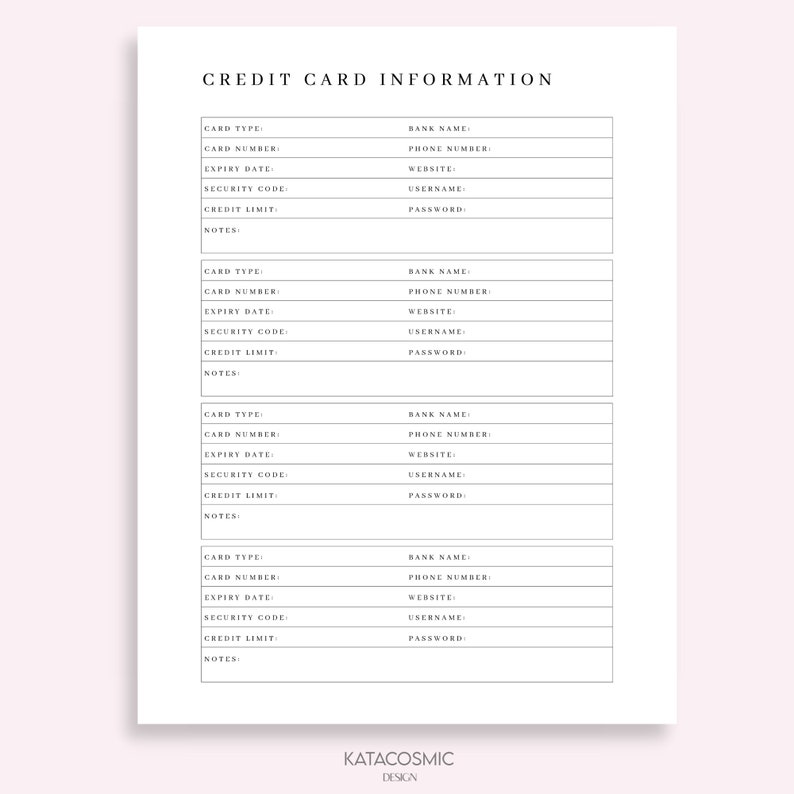 Credit Card Information Tracker Printable & Fillable, Credit Card ...
