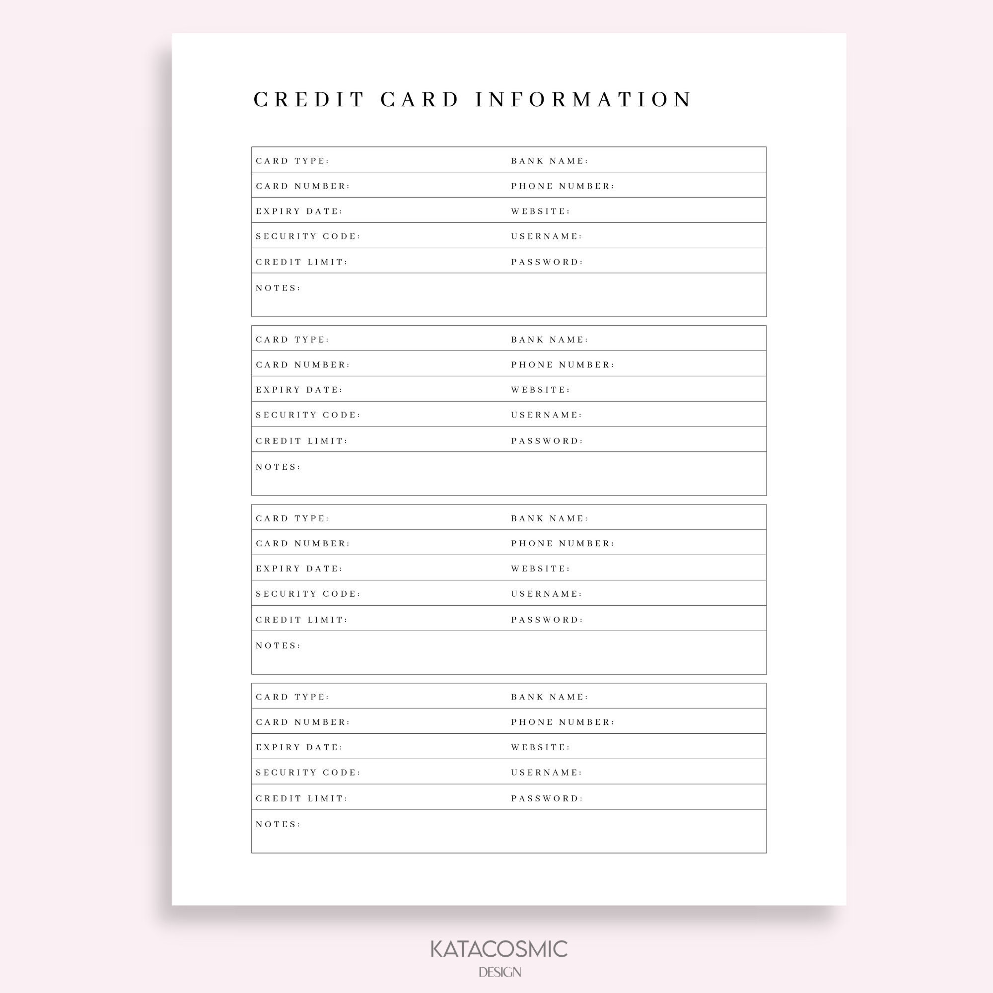Credit Card Information Tracker Printable & Fillable, Credit Card ...